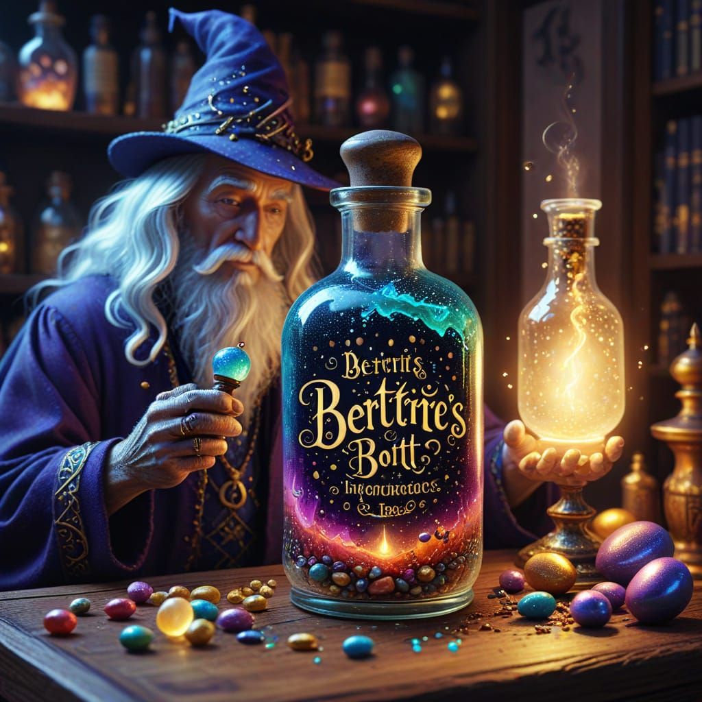 Magical potion Bottles - Whimsical Wizard Holds Enchanted Po...