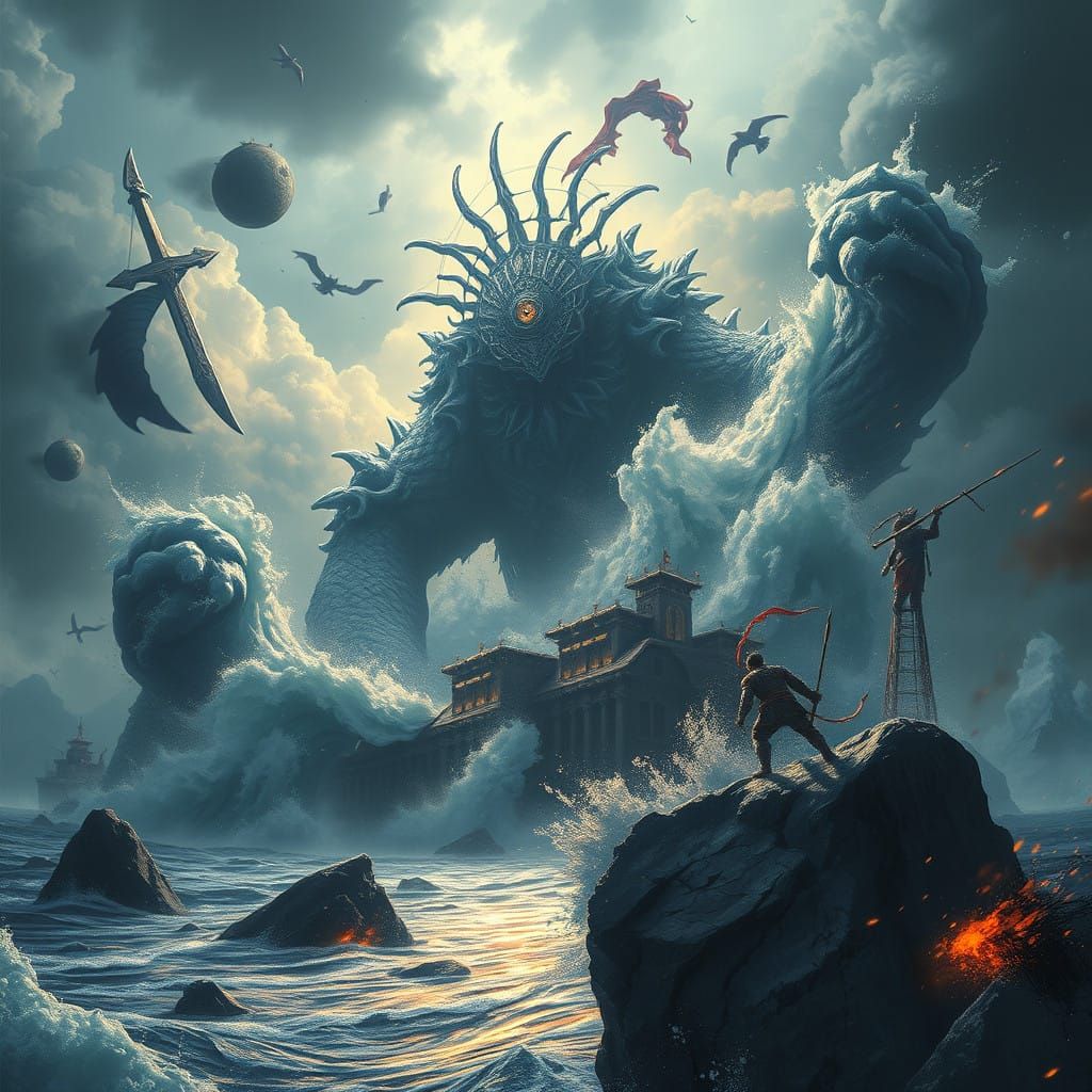 Cyberpunk Cyclops vs Monkey God on Stormy Deserted... - AI Art