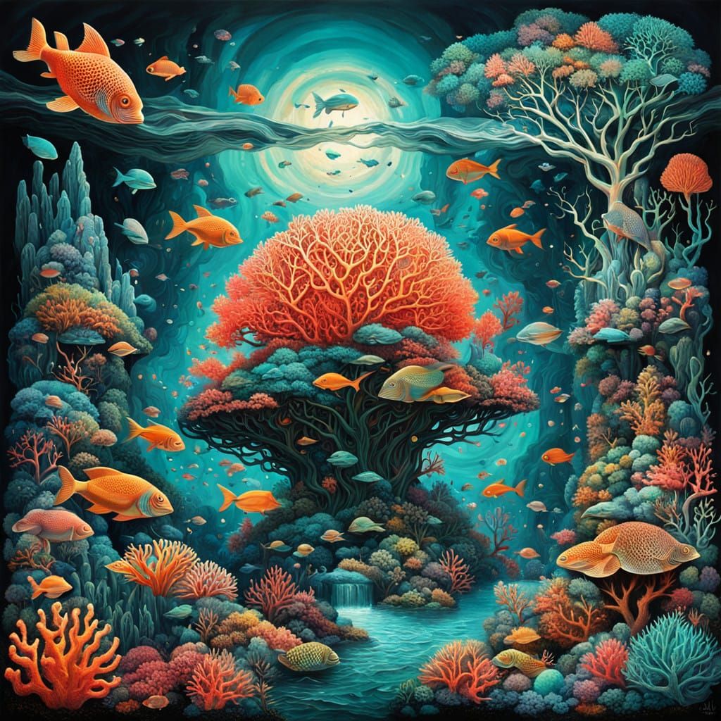 Surreal Bio Art Collage in Vibrant Coral and Turqu... - AI Art