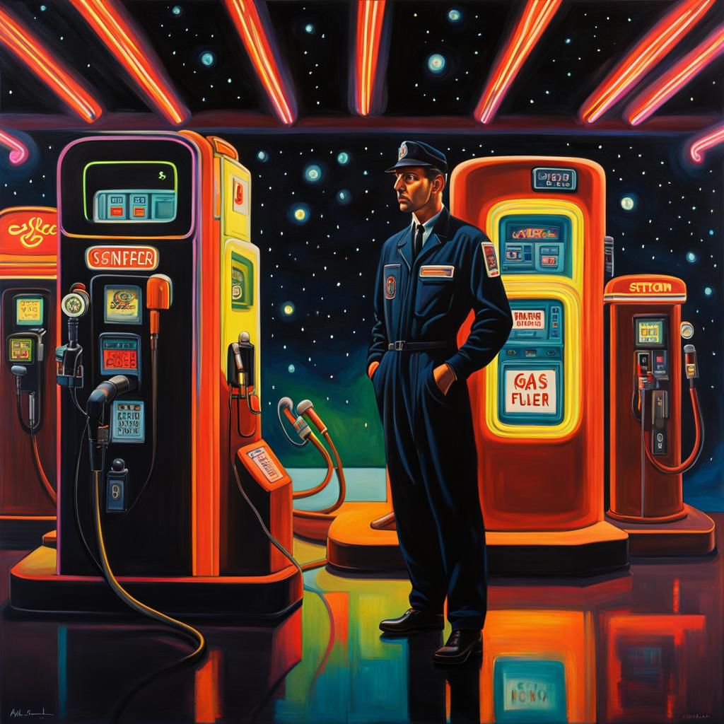 Surreal Cosmic Gas Station Attendant in Low-Key Ne... - AI Art