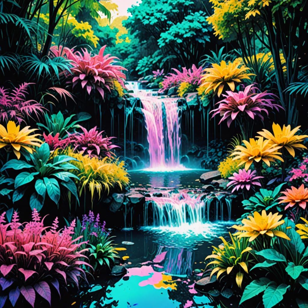 Vaporwave waterfall - Vaporwave Waterfall in Distorted Retro...