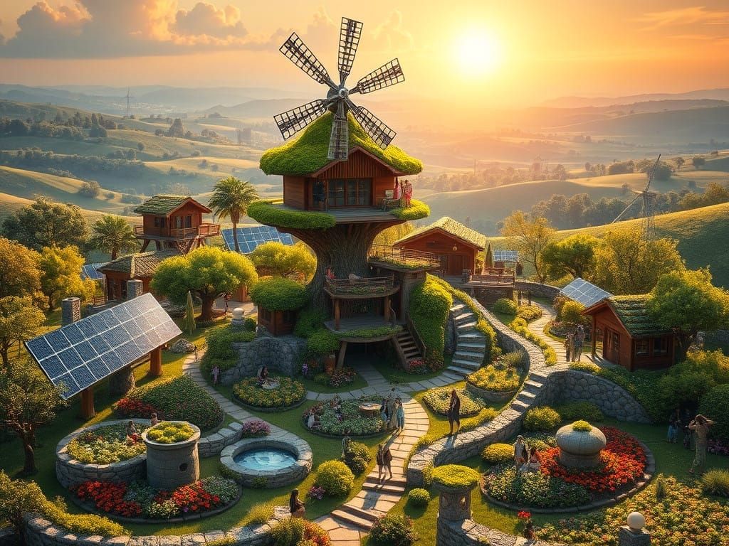 Solarpunk: Vibrant solarpunk-inspired landscape featuring a futuristic ...