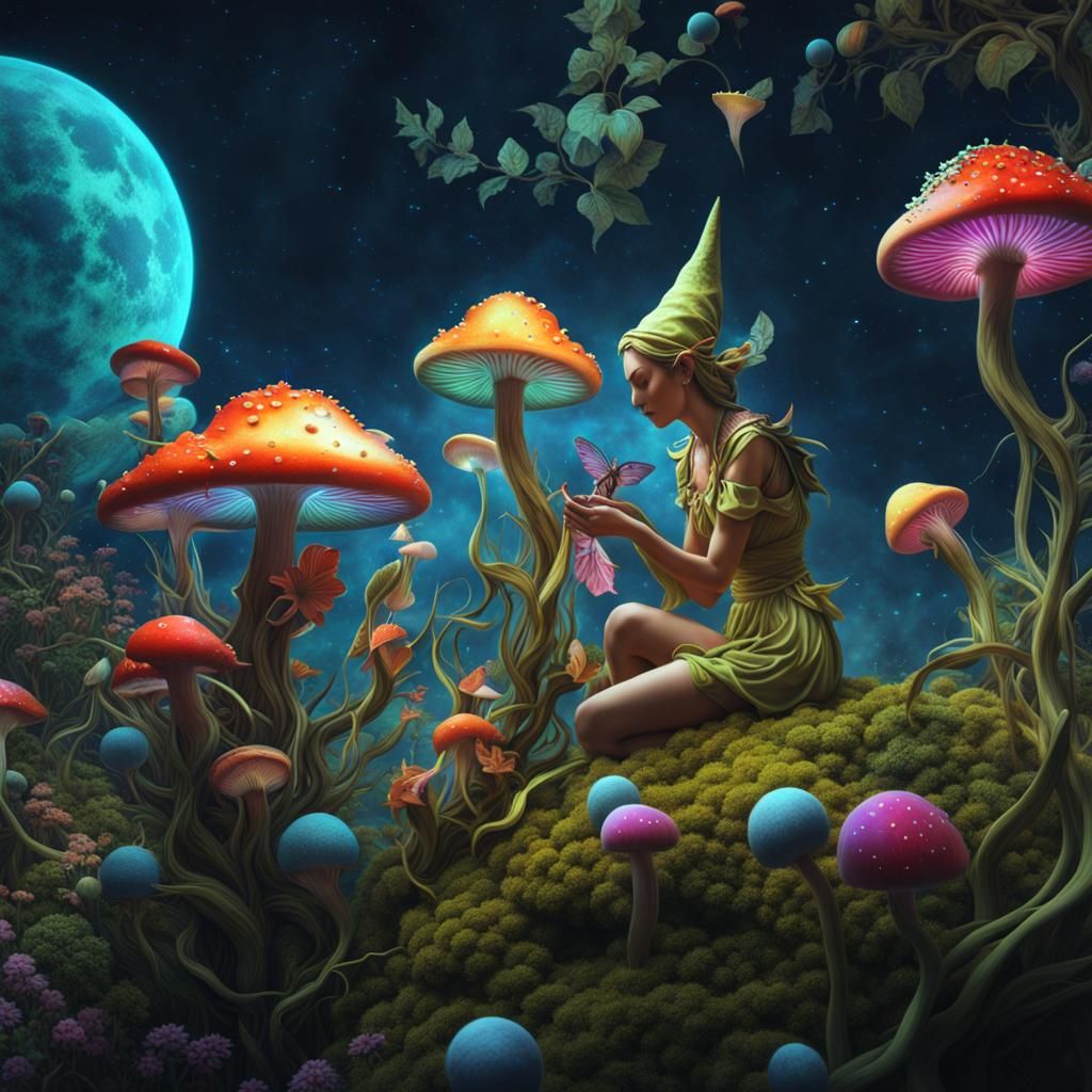 elves and fairies eating a beautiful lovely magical plant whith a ...