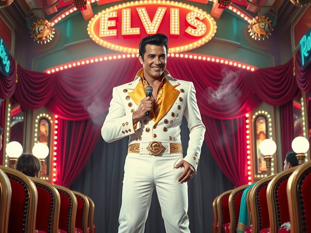 Elvis Presley presiding over a wedding in a Las Vegas chapel.