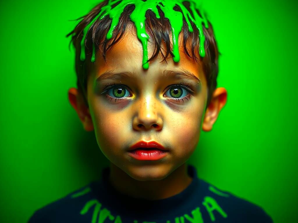 Surreal Boy Captured in a Shimmering Green Drip - AI Art