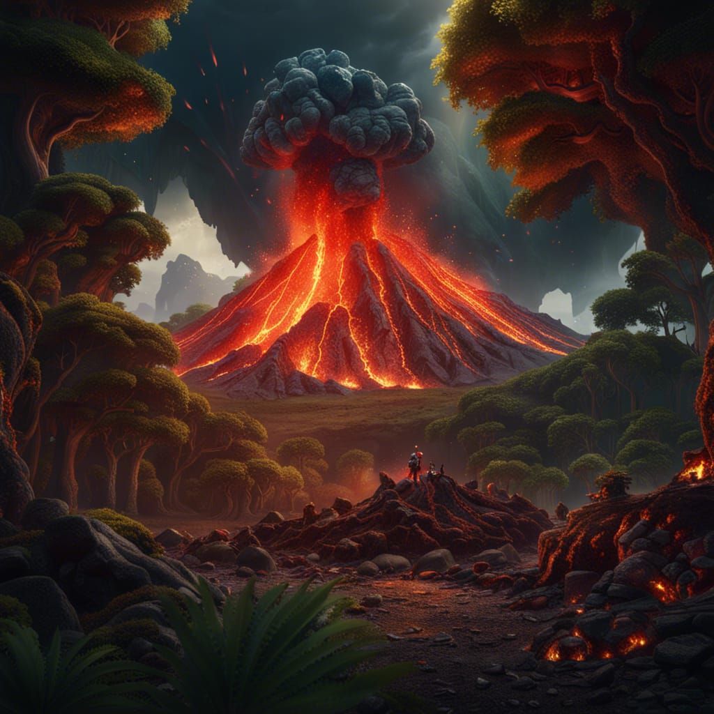 Erupting volcano surrounded by rich forest. - AI Generated Artwork - NightCafe Creator