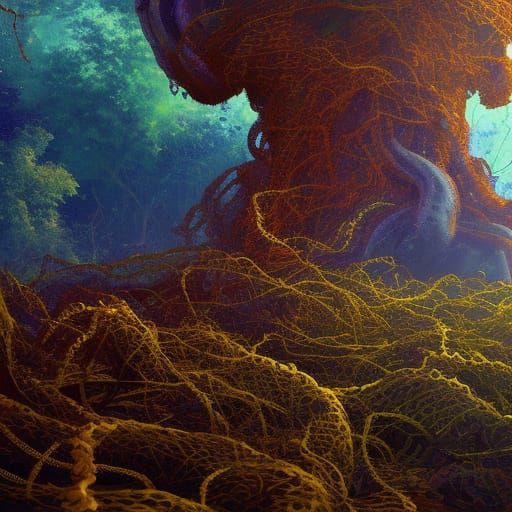 Jupiter covered in vines ; intricate mech details, ground level shot ...