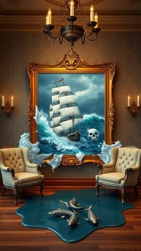 Elegant Victorian Parlor with Surreal Seascape - AI Art
