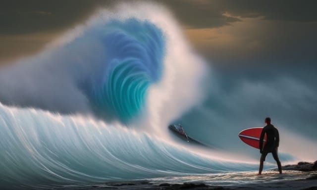 A giant tsunami wave with a surfer detailed matte painting dynamic ...