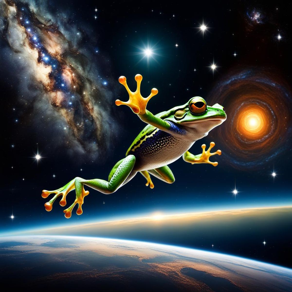 A frog in Outer space, floating in the the vast expanse beyond Earth's ...