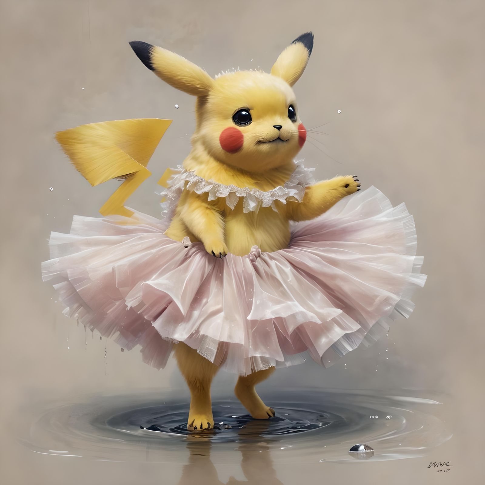 A realistic photo pikachu dressed in tulle clothes in a ballet, water ...