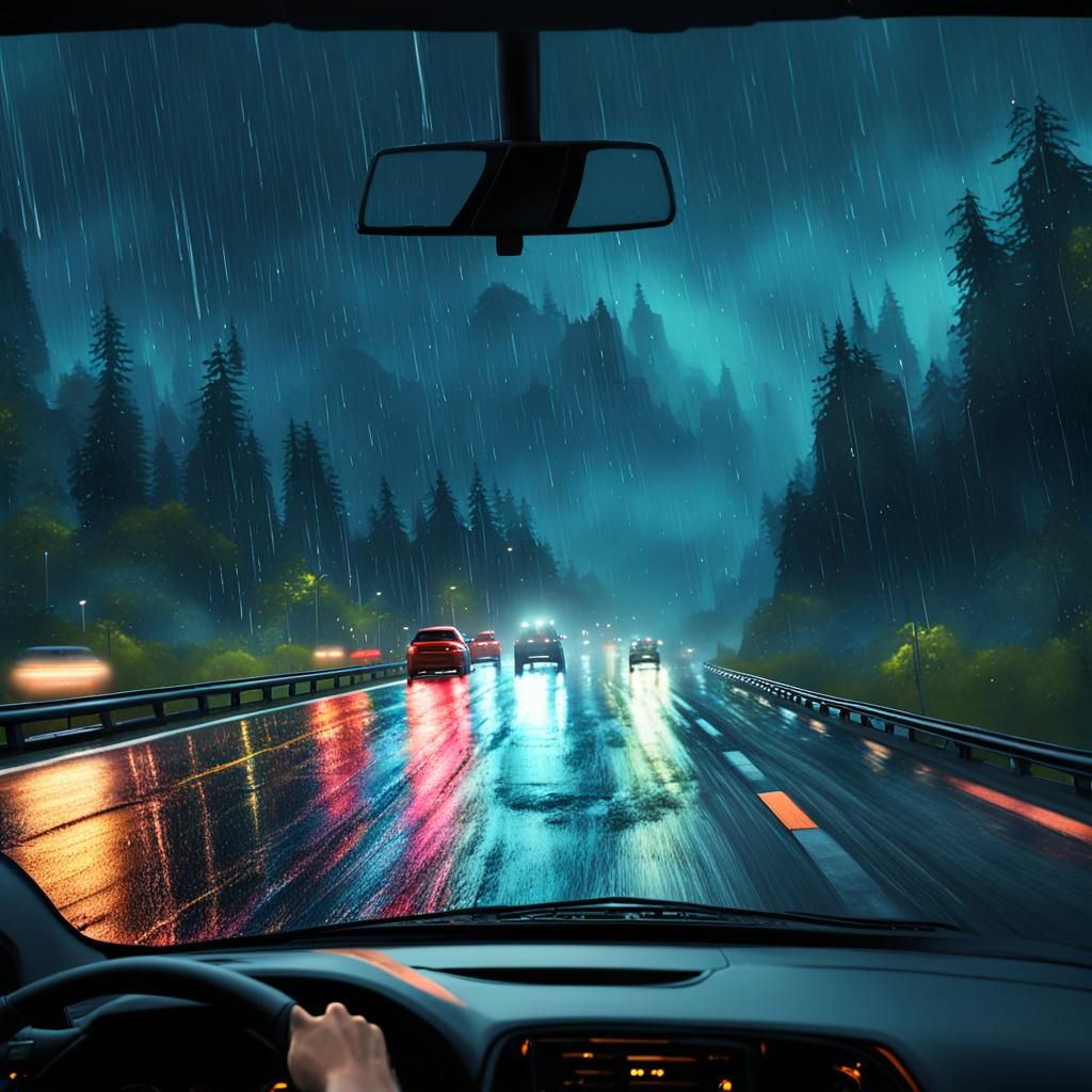 Rainy night time drive - AI Generated Artwork - NightCafe Creator