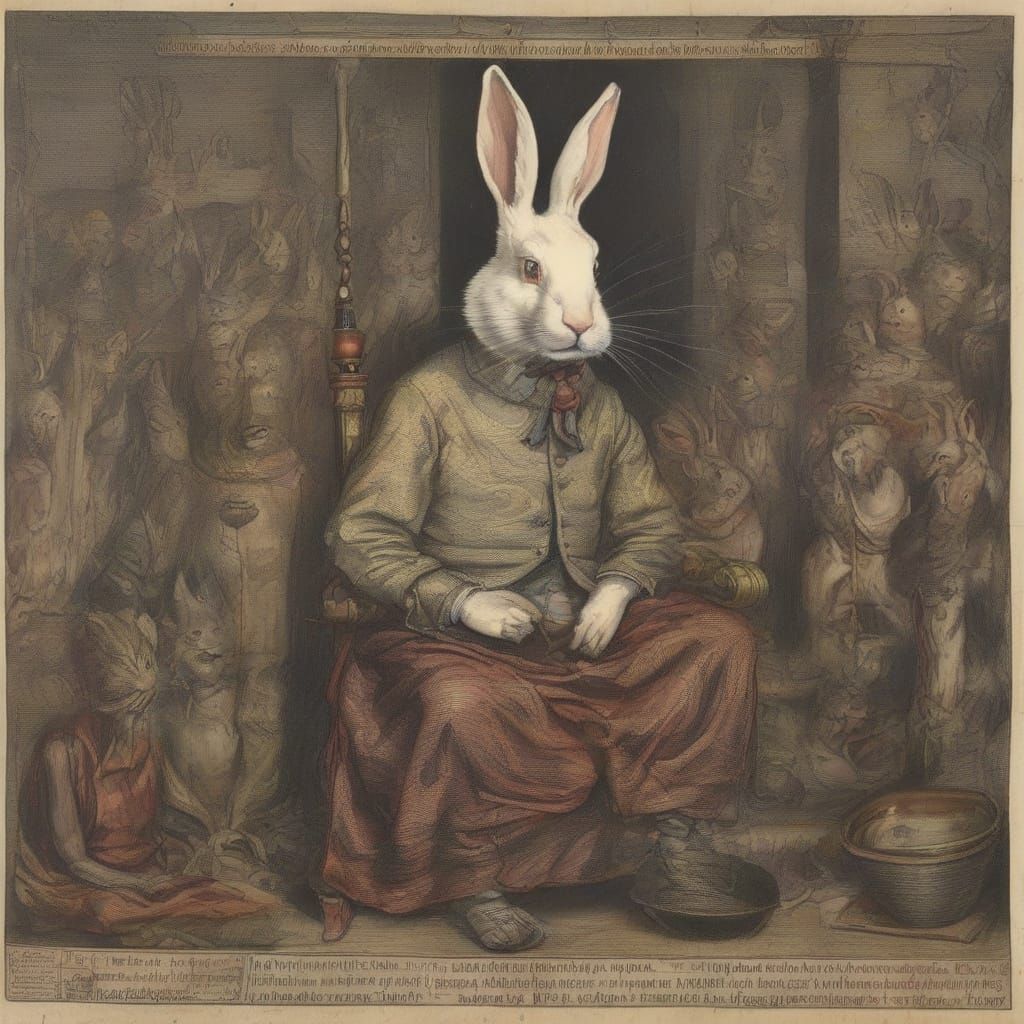 Mysterious Surrealist Scene with a Rabbit on a Thr... - AI Art