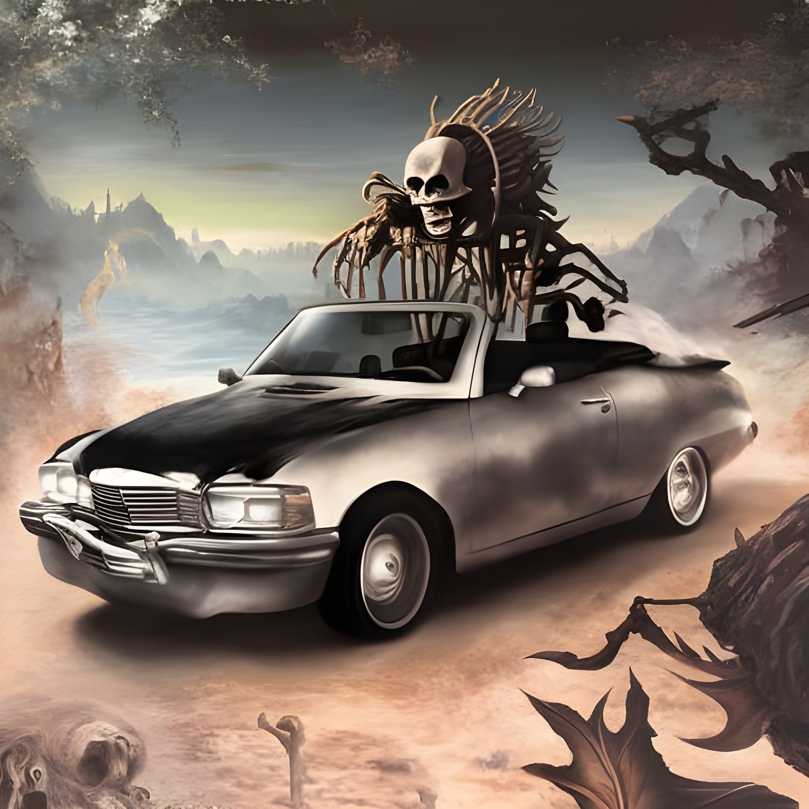 Skeleton driving a convertible - AI Generated Artwork - NightCafe Creator