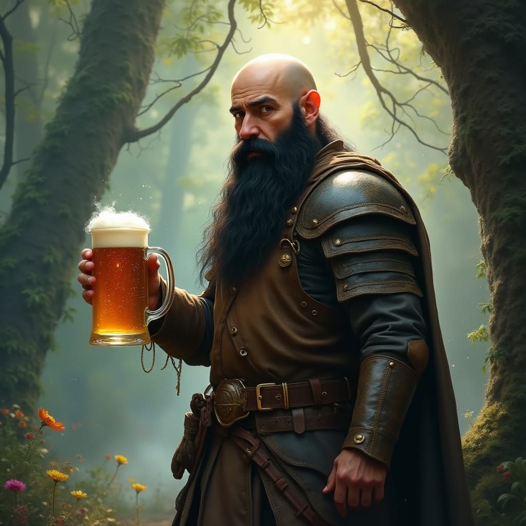 Fantasy Dwarf Savoring Beer in Mystical Forest - AI Art