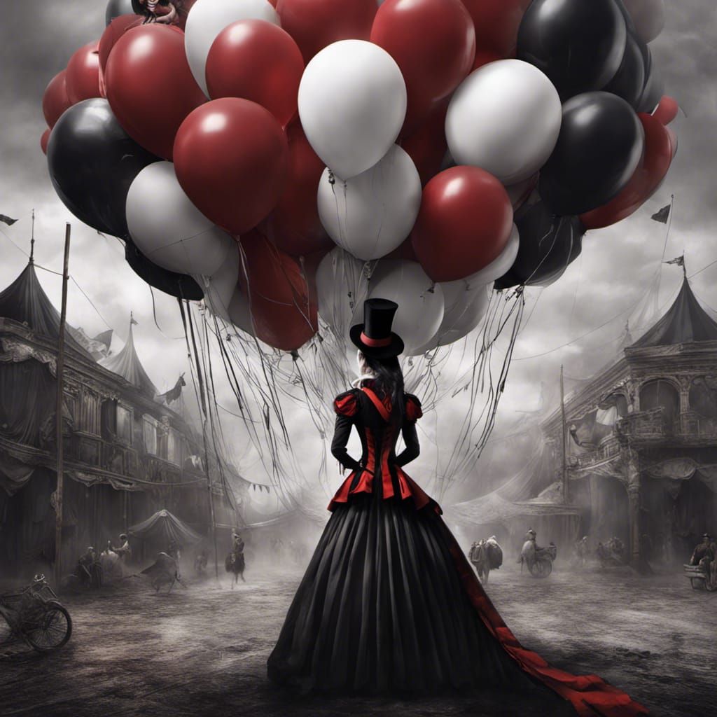 gothic circus, red, black, white, stripes, girl, balloons, top hat ...