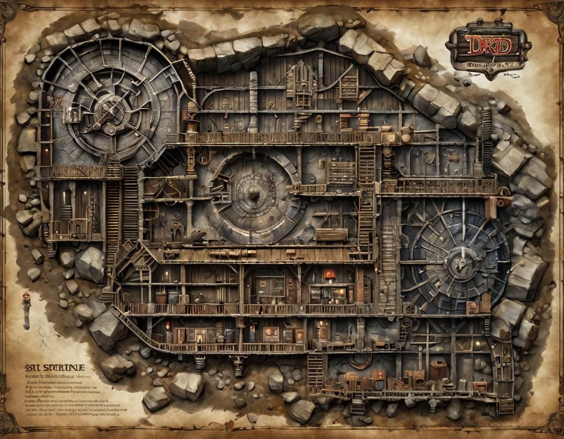 D&D map of silver mine long main shaft with rails and many secondary ...