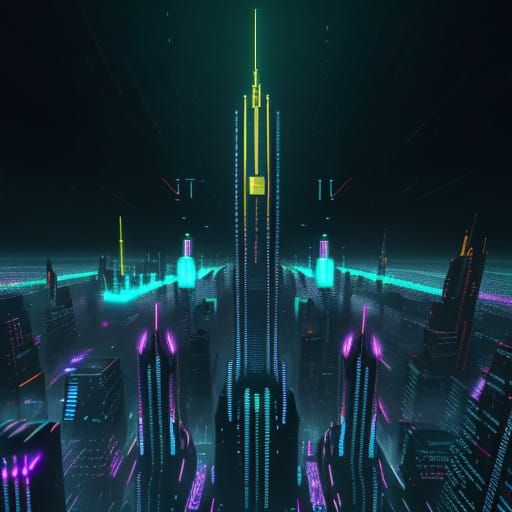 Digital green ascii Landscape cityscape of ASCII text falling and ...