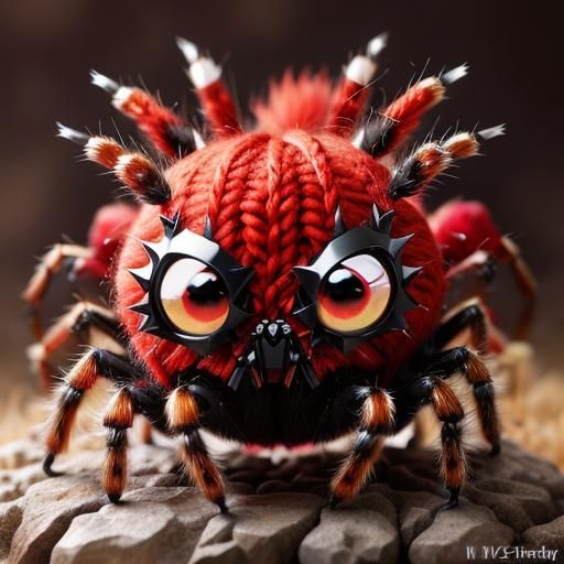 Cute and fluffy tiny red baby spider. knitted yarn. wool. fluffy ears ...