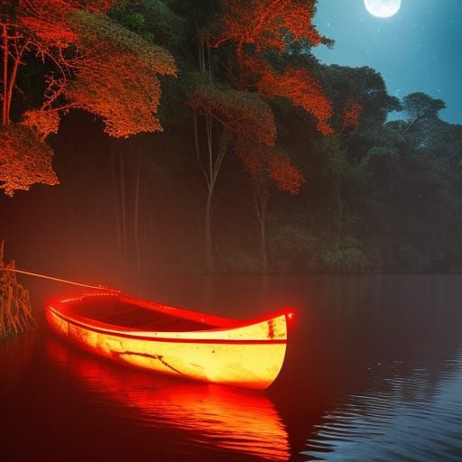 "cinematic film shot of boat on haunted river in the middle of a dense ...