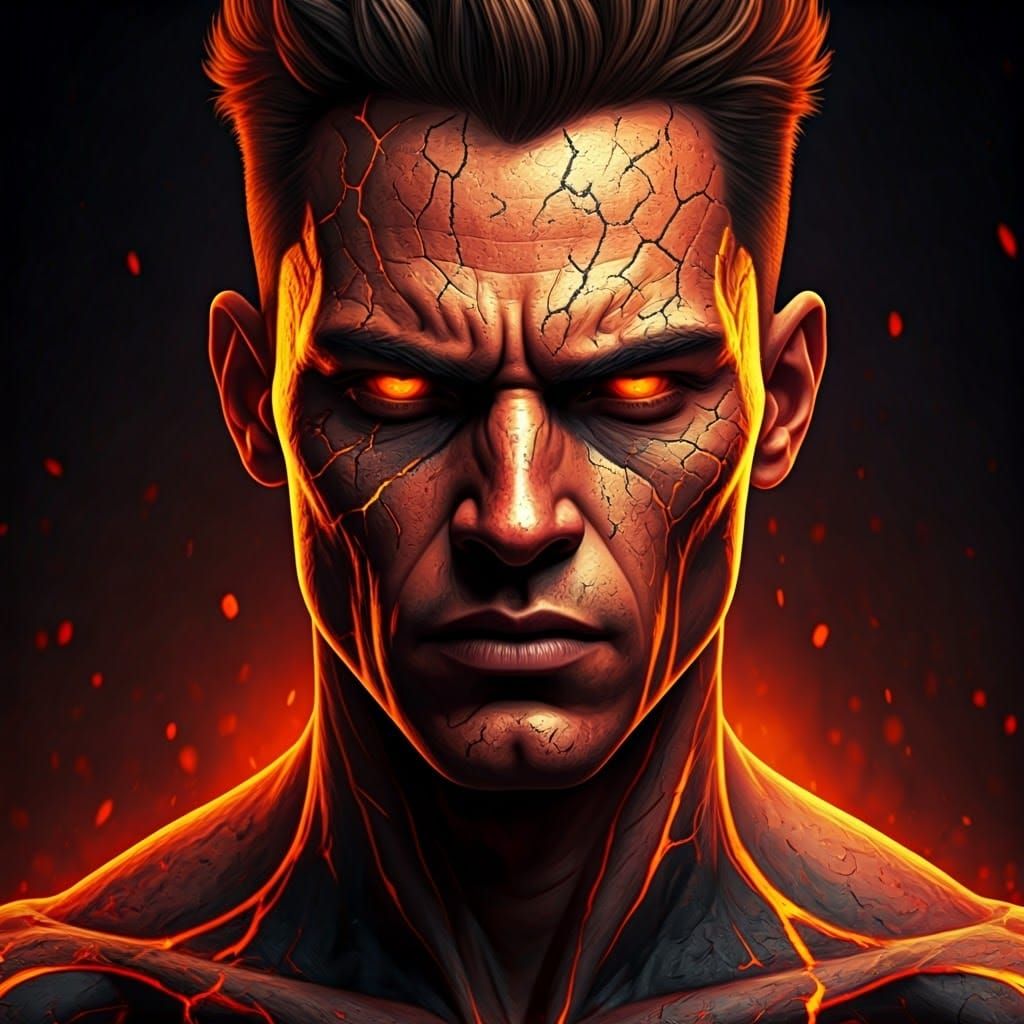 Vibrant Male Figure with Cracked Lava Face in Real... - AI Art