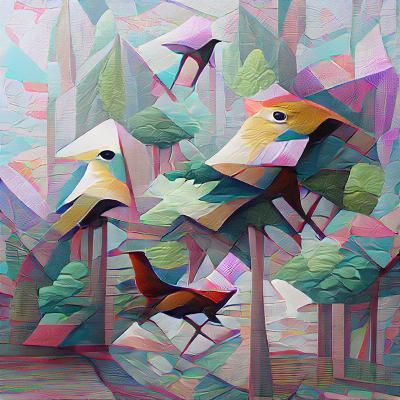 Impressionist geometric birds in a realistic forest - AI Generated ...