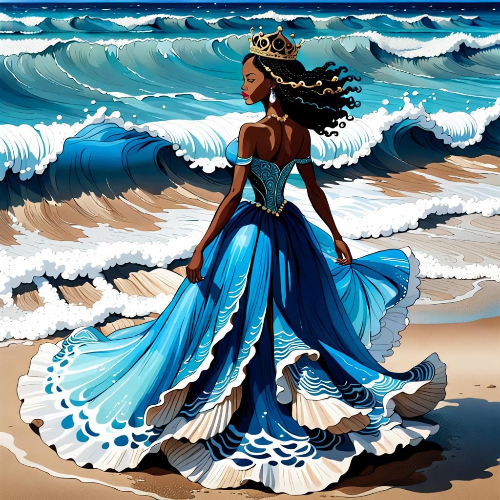 African American lady standing on the beach. Waves of Caribbean blue ...