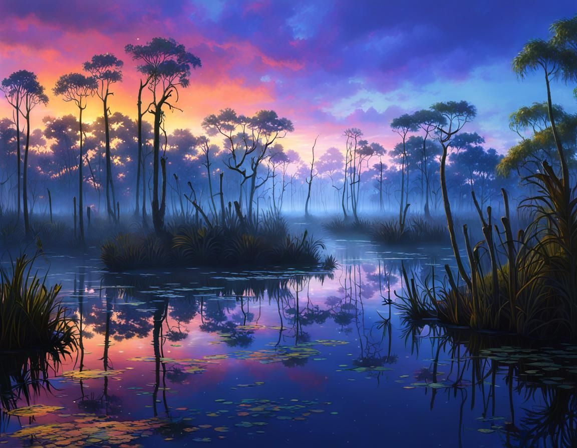 Swamp at sunset - AI Generated Artwork - NightCafe Creator