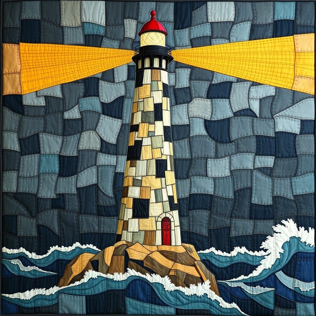 Cozy Lighthouse Patchwork Quilt in Folk-Art Style - AI Art