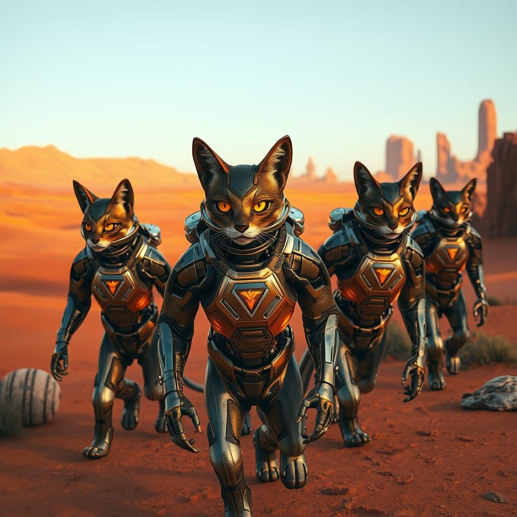 A team of sleek, feline cyborgs, wearing metallic suits with the "Grok ...