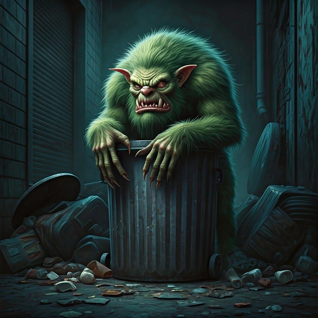 Dark Fantasy Troll Emerges from Trash Can in Grimy... - AI Art