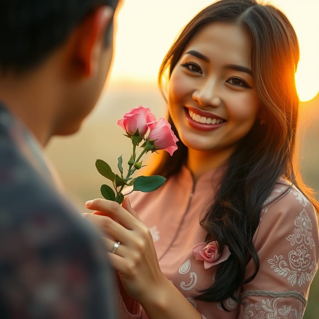 Indonesian Beauty Smelling Roses with Lovestruck P... - AI Art