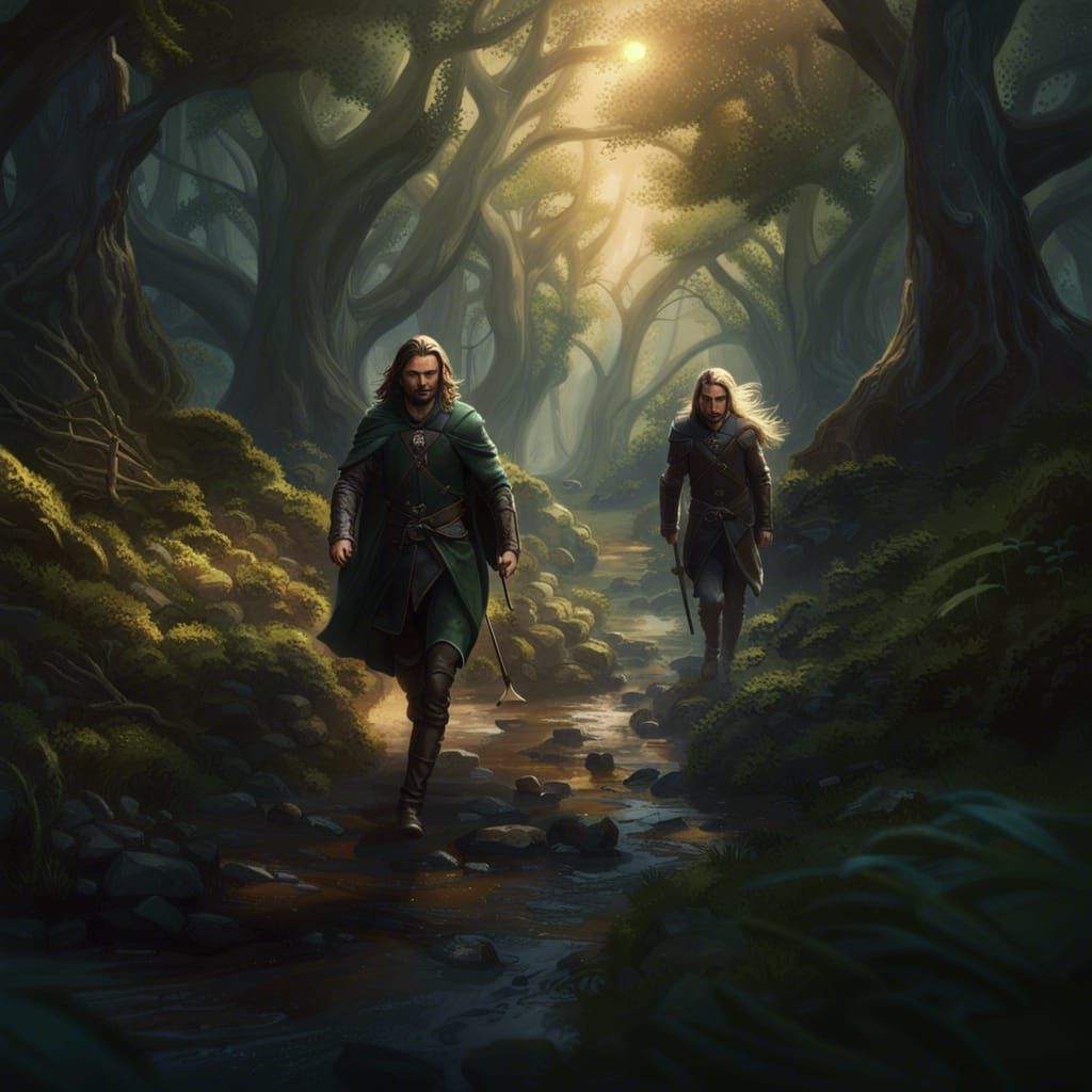 Fantasy serene landscape, Aragorn and Legolas run through forest, a ...