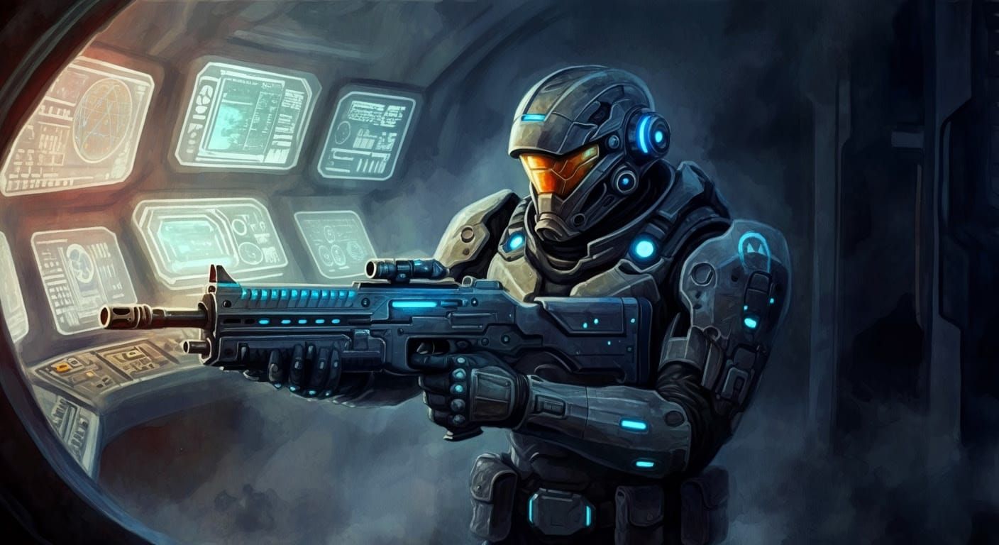 A futuristic commando, dressed in full body armour and carrying a laser ...