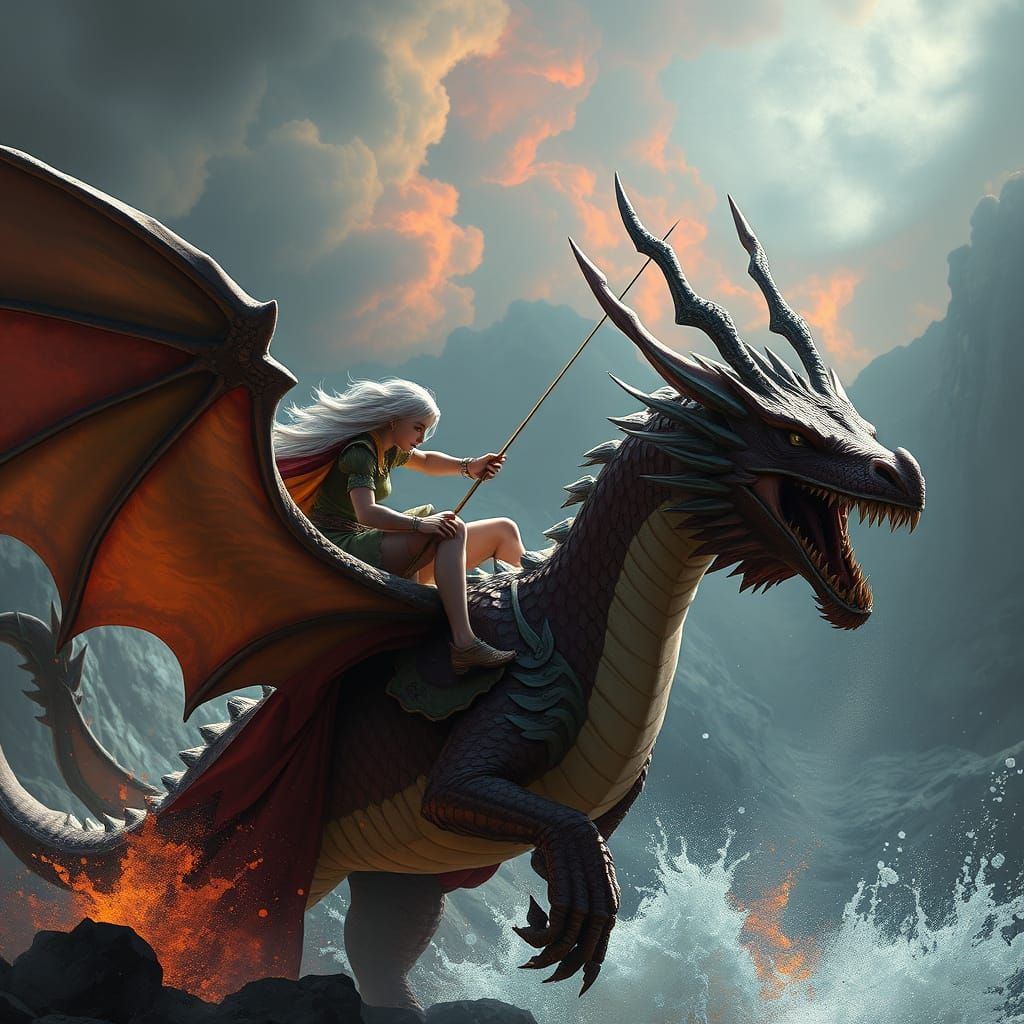 Fantastical Female Dragonrider in Mid-Battle - AI Art