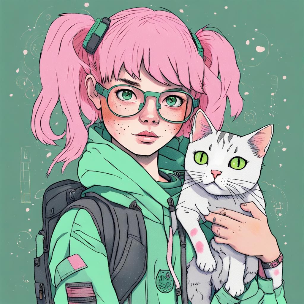 Meow-rific Moments: Flat Style Art featuring a Quirky Girl and her ...