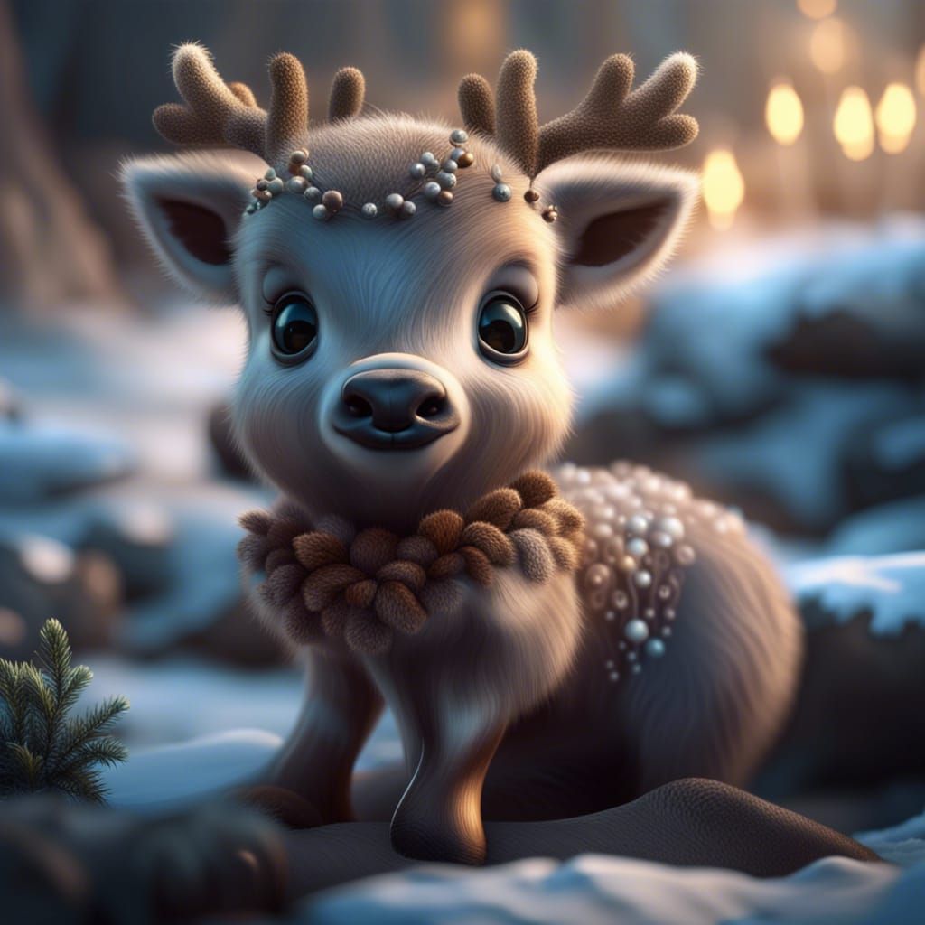 Cute baby reindeer sitting and smiling at the camera. Cinematic reality ...