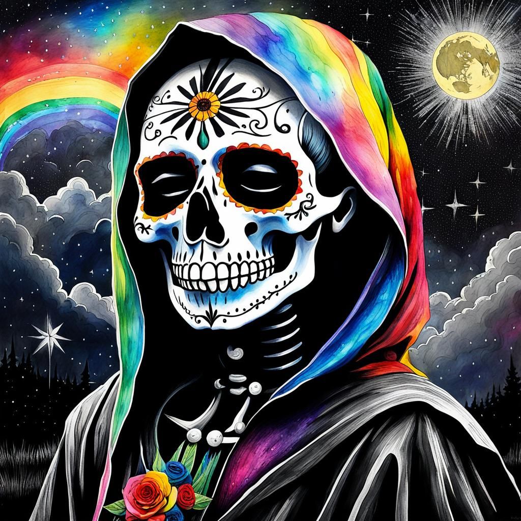 Holy Death, Lady Muerte ,Dark emotions, It is rainy stars Water color ...