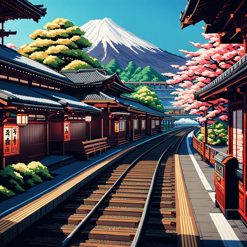 Very beautiful and colourful pixel art of a traditional Japanese train ...