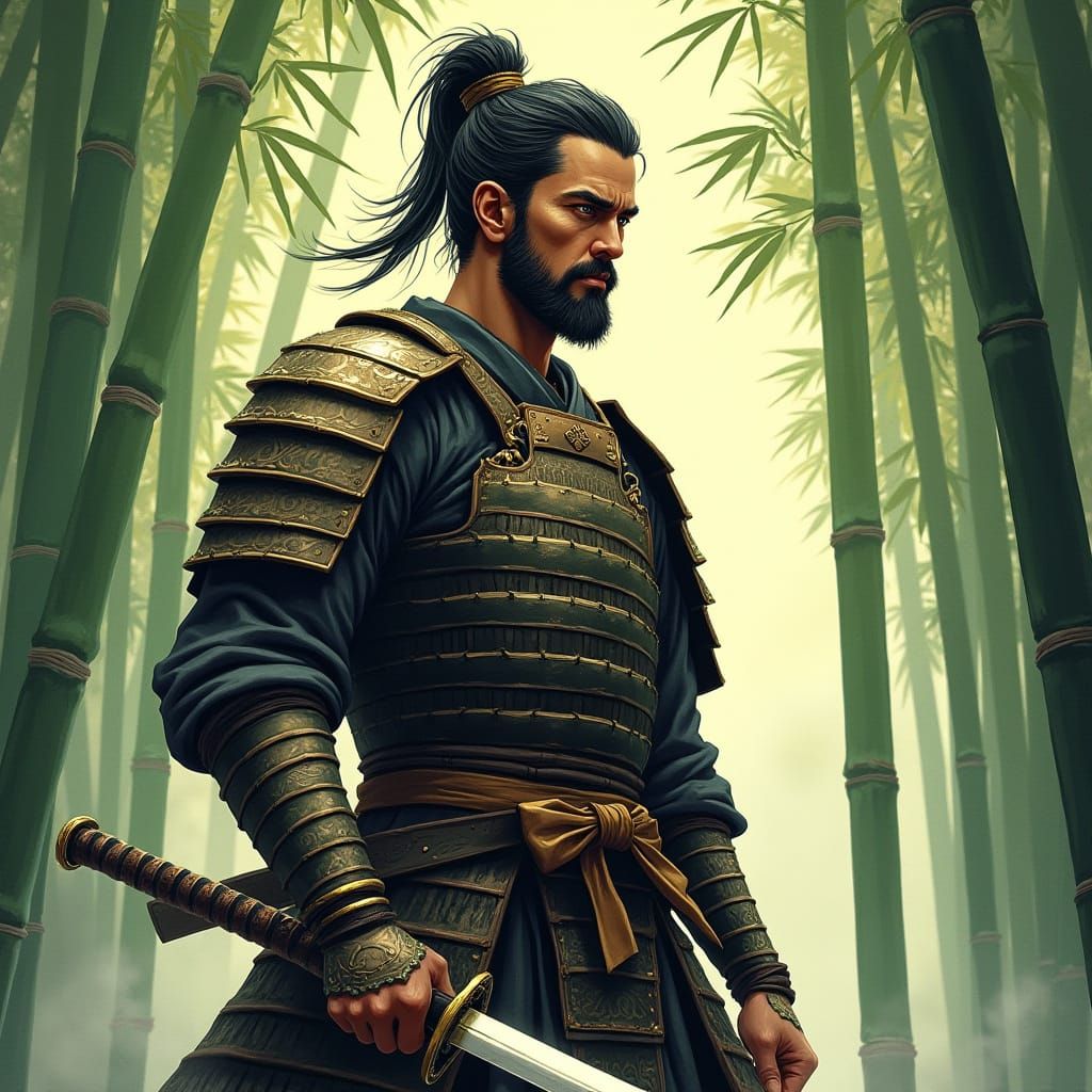 A lone samurai standing in a bamboo forest, his katana gleaming in the ...