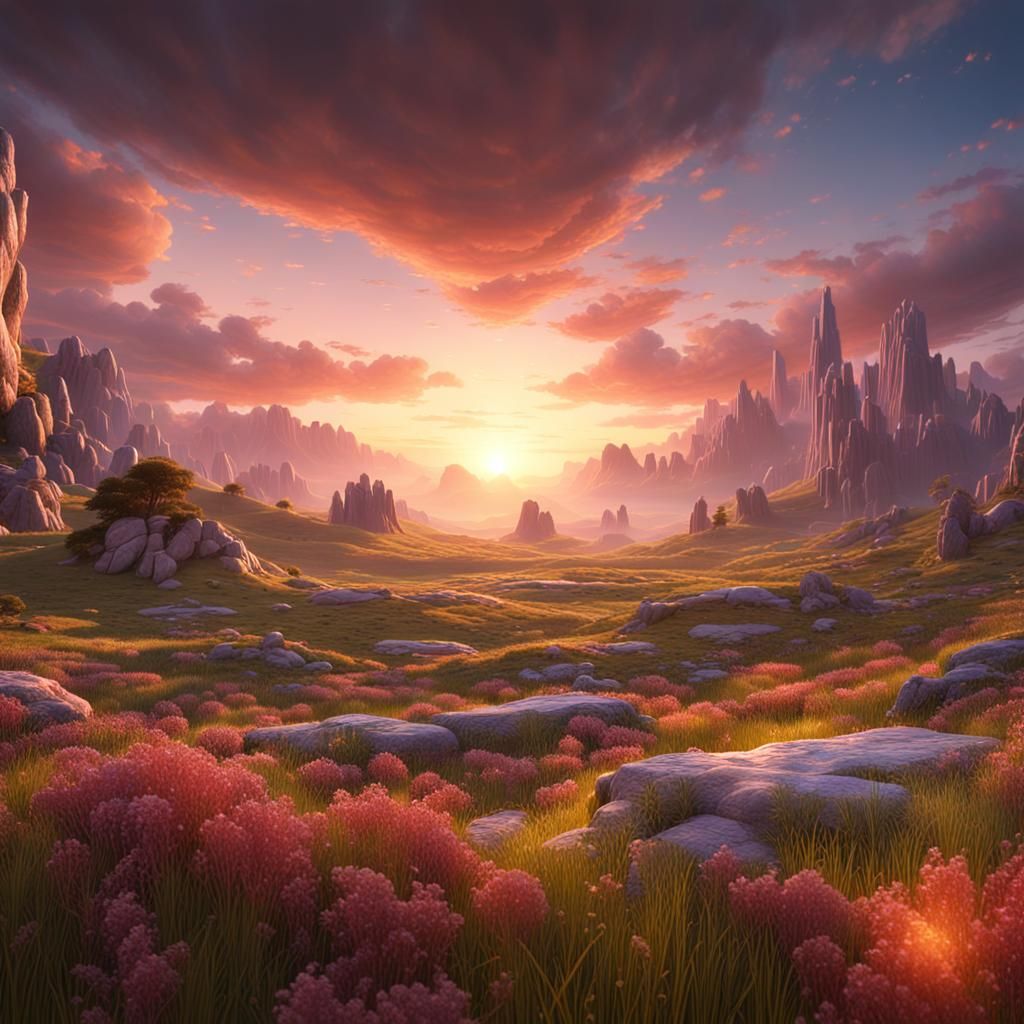 Vast open lush valley, with tall clear quartz crystals all around ...