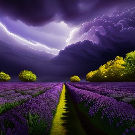 thunder and lighting storm, purple clouds, billowing clouds, field of ...