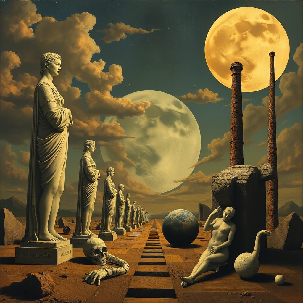surrealism, De Chirico, statues, moon, bizarre objects, hyperdetailed ...