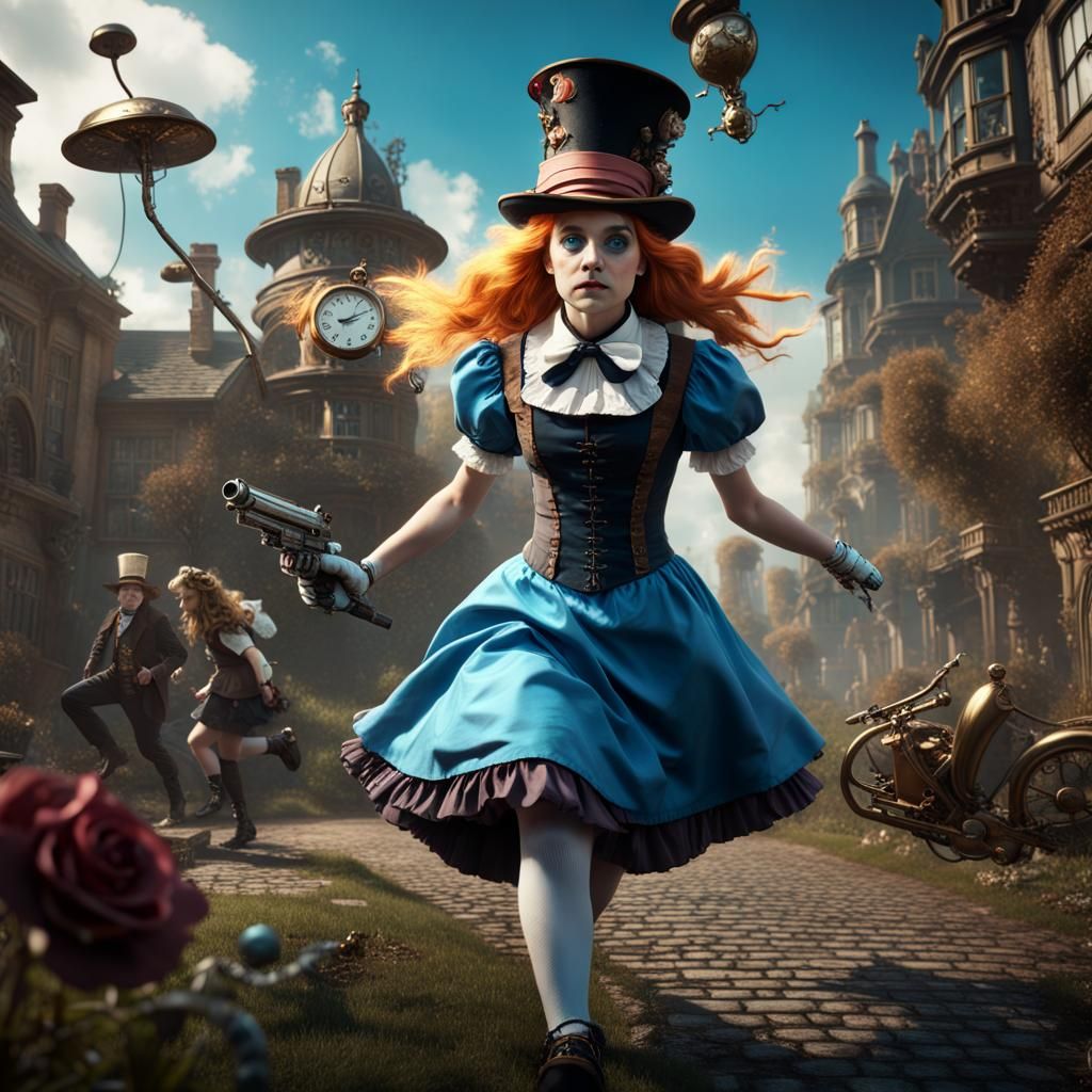hyperrealistic alice in wonderland chasing after the mad hatter with a ...