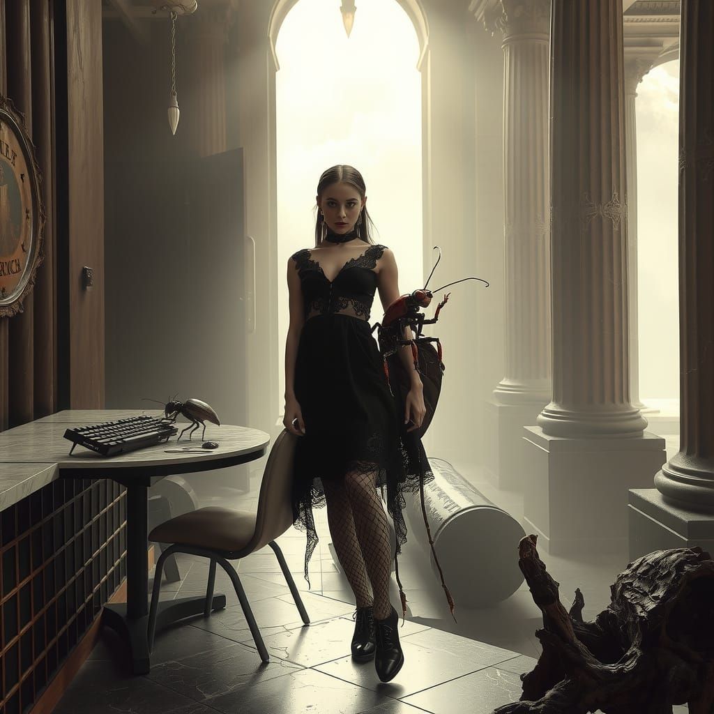 Goth Fashion Model Posing with Giant Red Robotic I... - AI Art