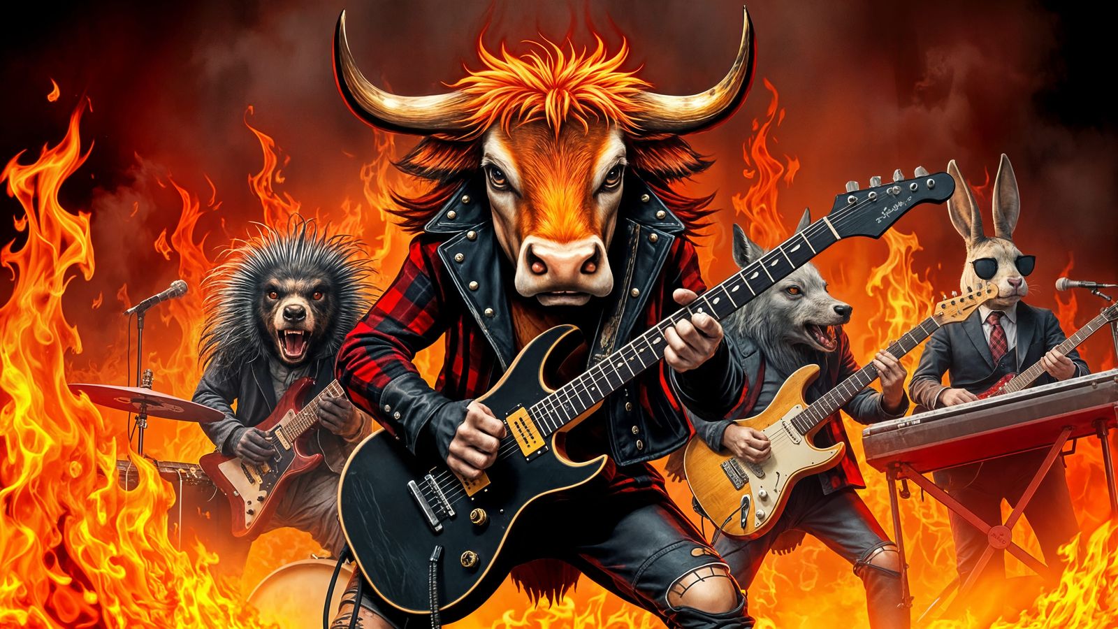 Rockstar Plaid Cow Shreds Guitar Amidst Fiery Stag... - AI Art