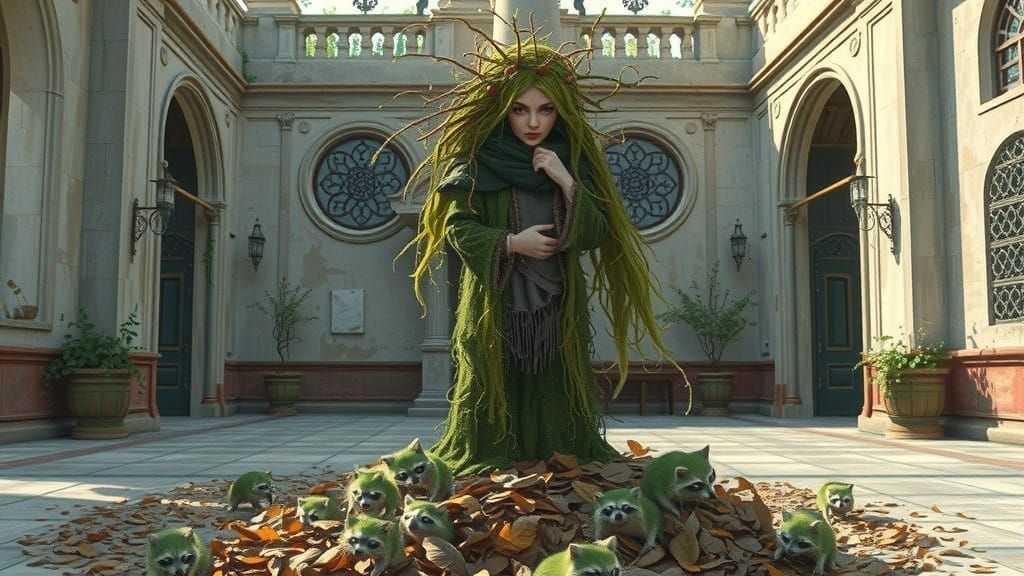 Moss Elf - Whimsical Moss Witch in Enchanted Courtyard