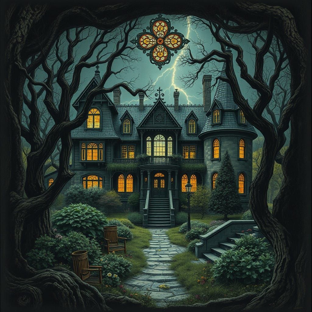 Ethereal Gothic Mansion Cross Section in Escher-In... - AI Art