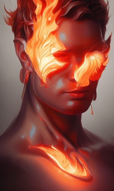 A man made of fire, intricate heat distortion designs, elegant, highly ...