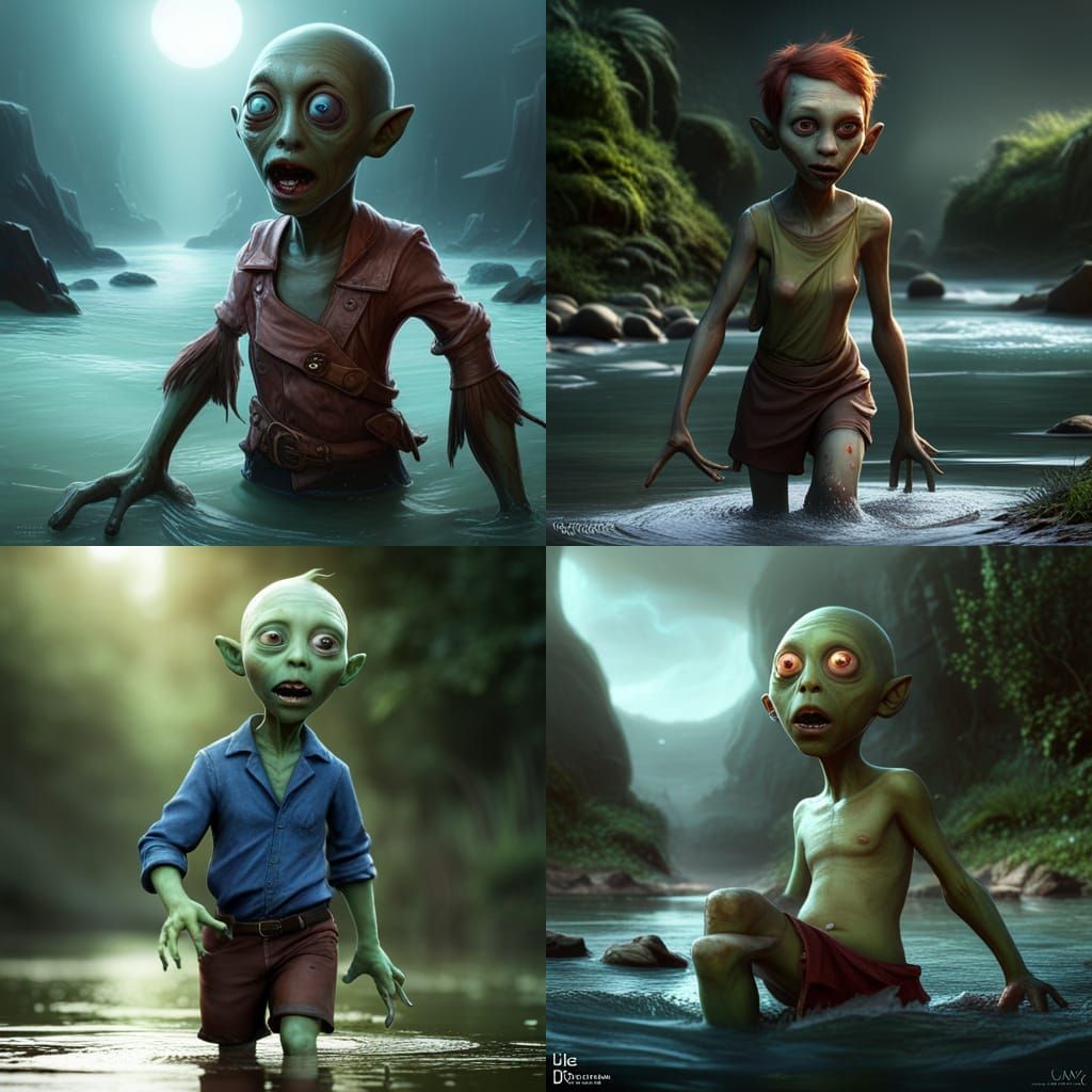 humanoid Alien Zombie in the river, Artgerm, Pixar, Norman Rockwell, Up ...